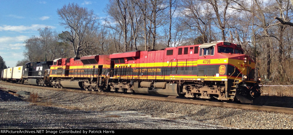 KCS 4706 ES44C with KCS 4035 SD70ACe NS 9826 C44-9W eastbound with an intermodal on NS at Church ...